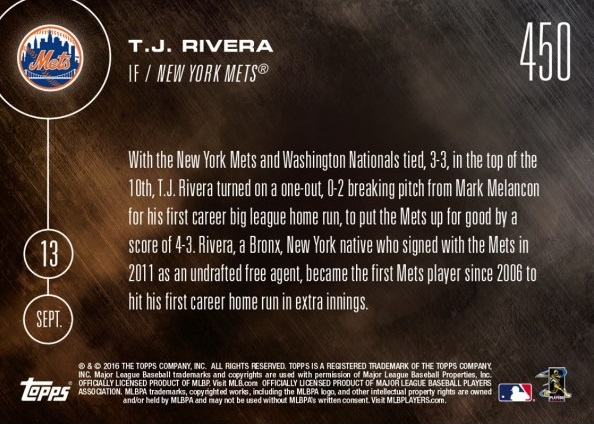 2016 Topps Now T.J. Rivera New York Mets Baseball Card